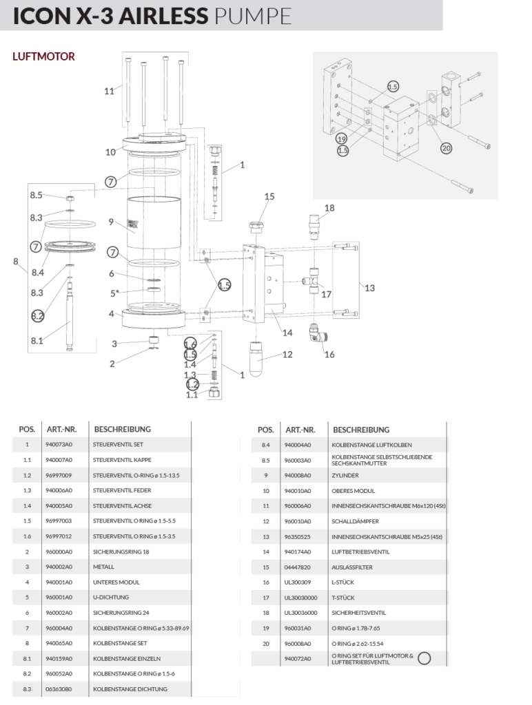 1 Explosionsdarstellung Anest Iwata ICON X-3 Airless Luftmotor bei Lackiertechnik.Shop kaufen.